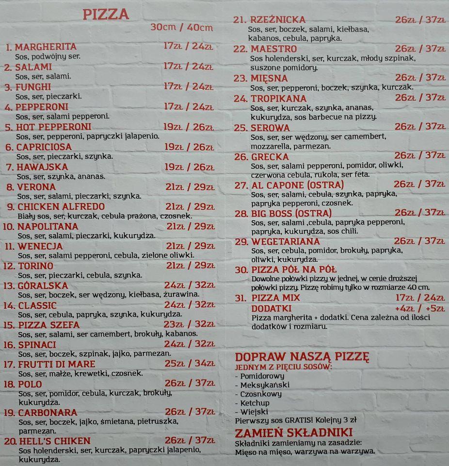 Menu at Pizzeria Maestro, Zagan