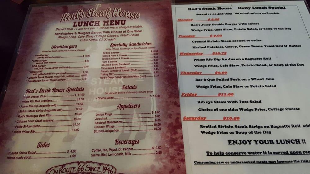 Menu at Rod's Steak House steakhouse, Williams