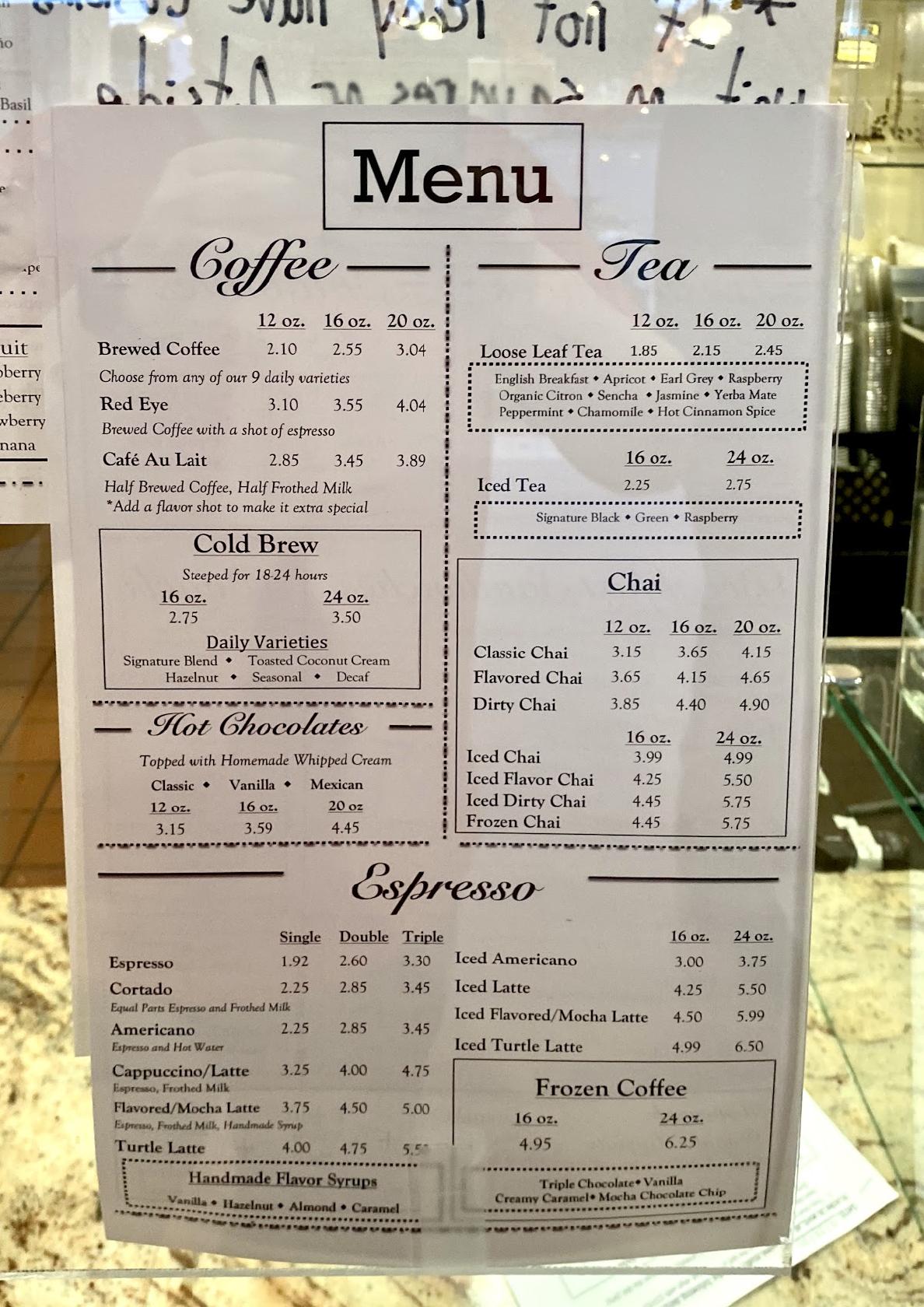 Menu at Shelburne Falls Coffee Roasters cafe, East Longmeadow