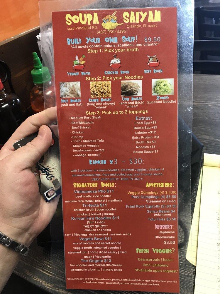 Menu at Soupa Saiyan restaurant, Orlando