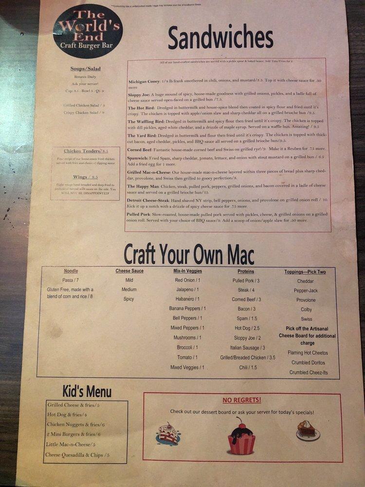 Menu at The World's End Craft Burger Bar, Roseville