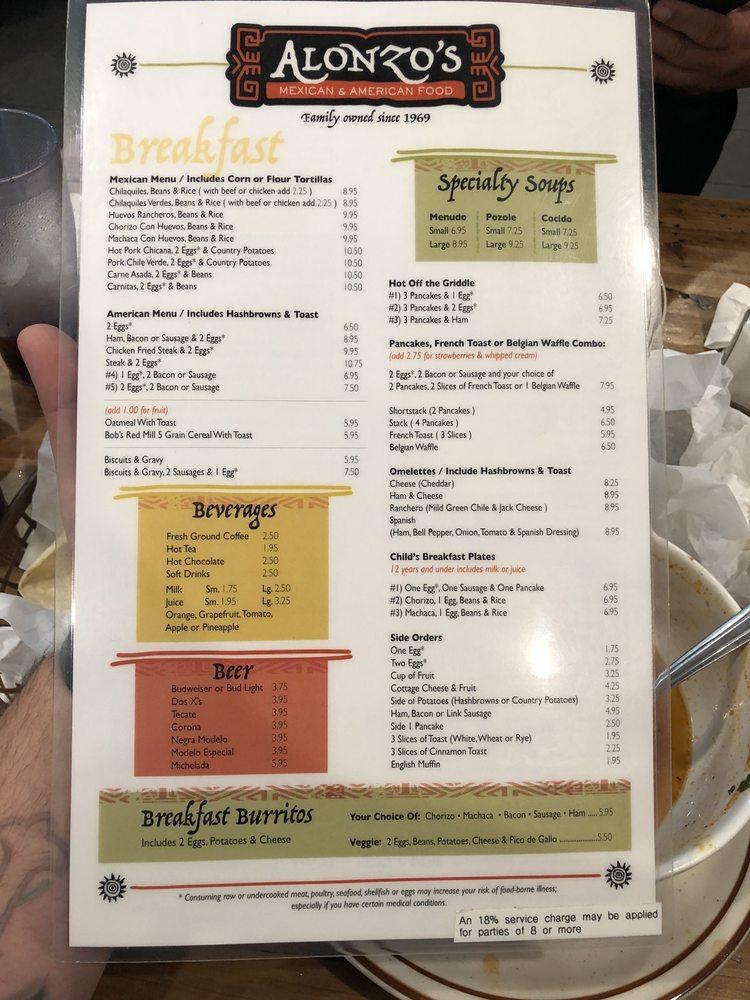 Menu at Alonzo's Mexican & American Food restaurant, Sacramento