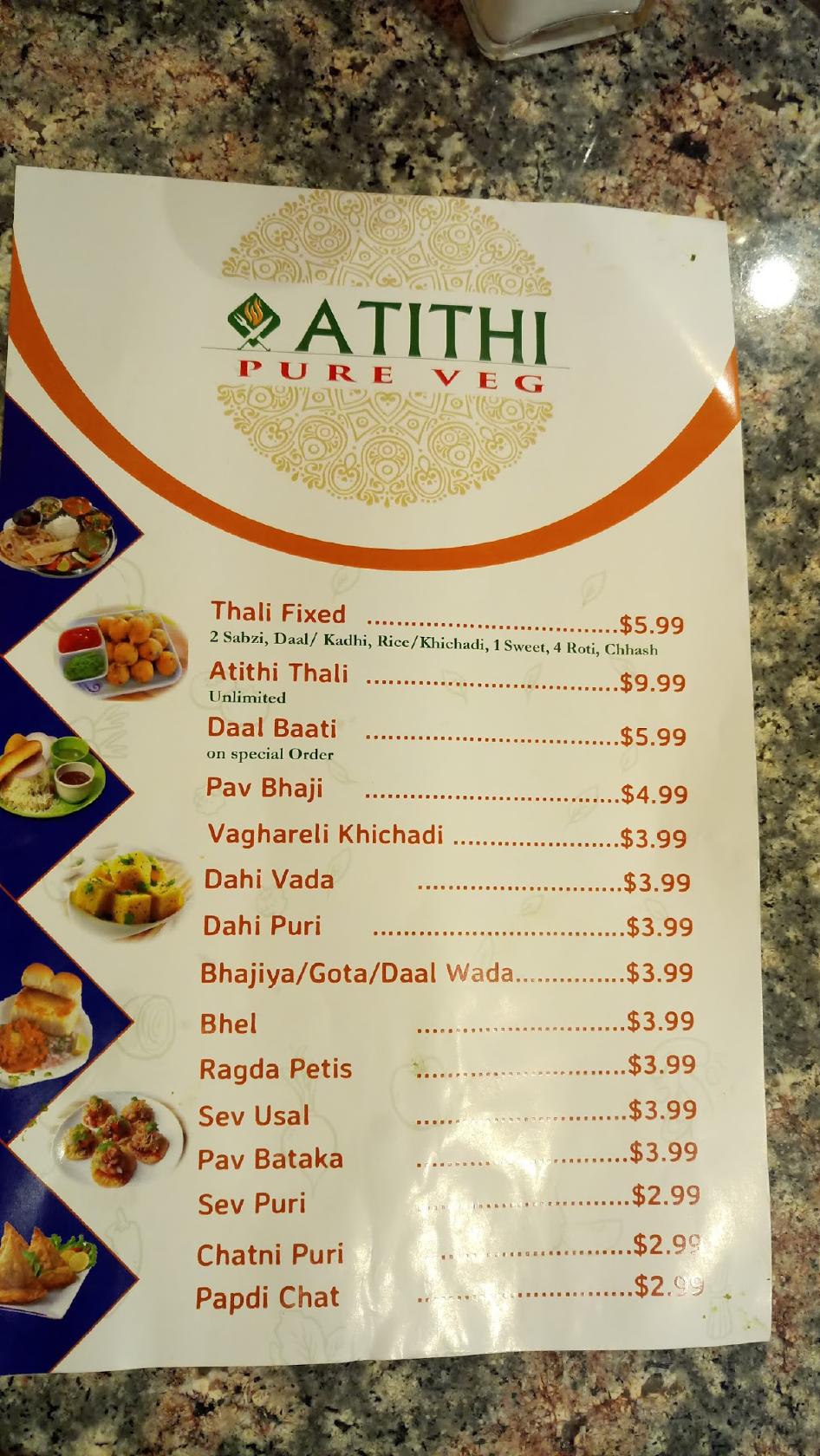 Menu at Atithi restaurant, Toronto