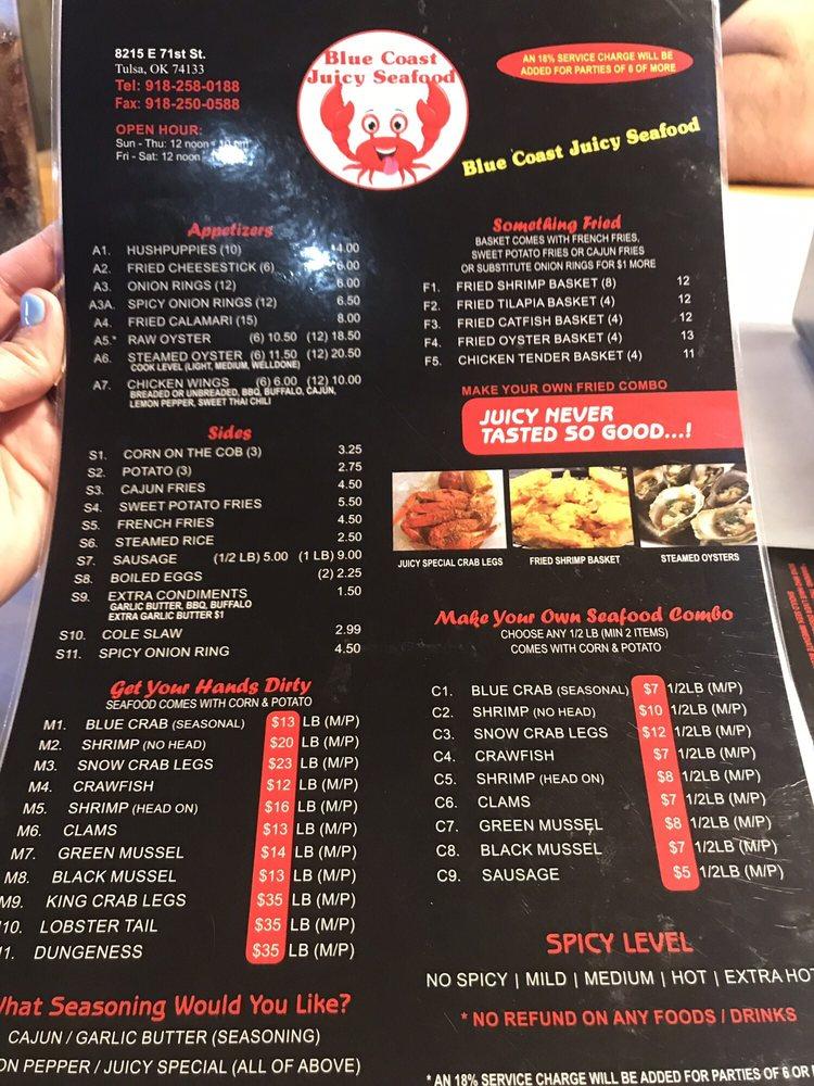 Menu at Blue Coast Juicy Seafood pub & bar, Tulsa