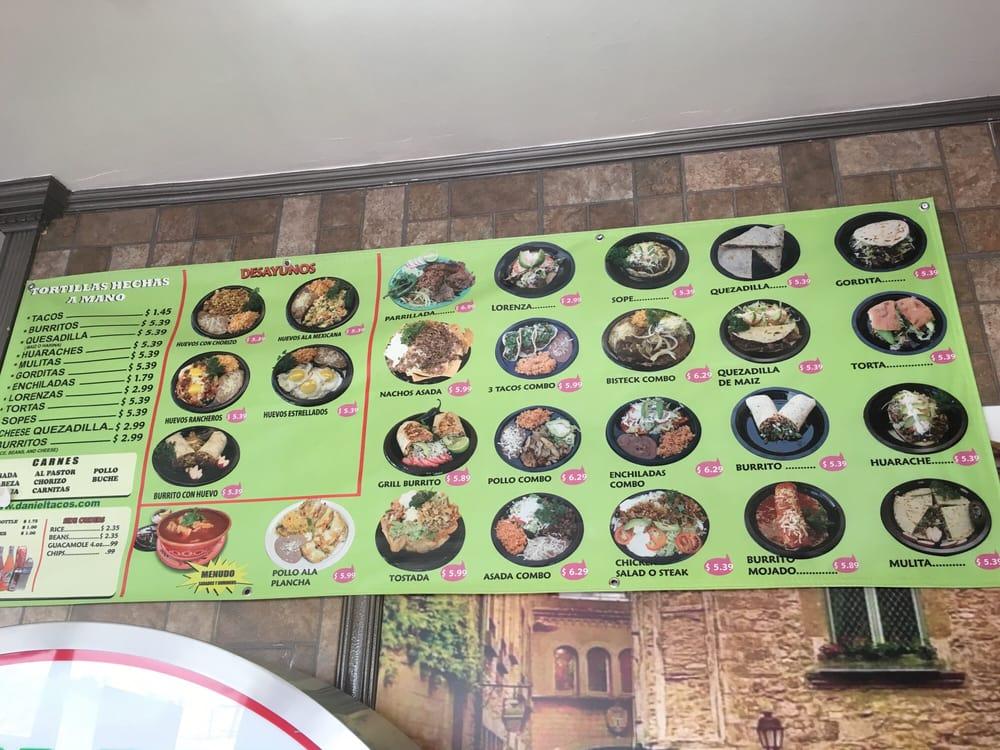 Menu at Daniel's Tacos restaurant, Los Angeles, Cahuenga Blvd