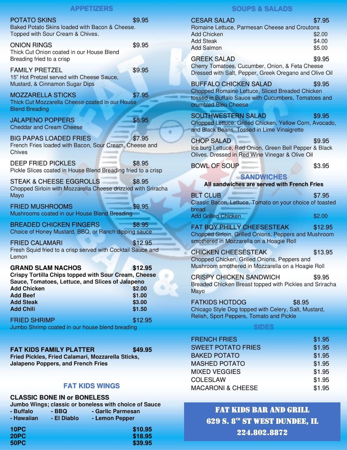 Menu at Fat Kids Bar and Grill, West Dundee