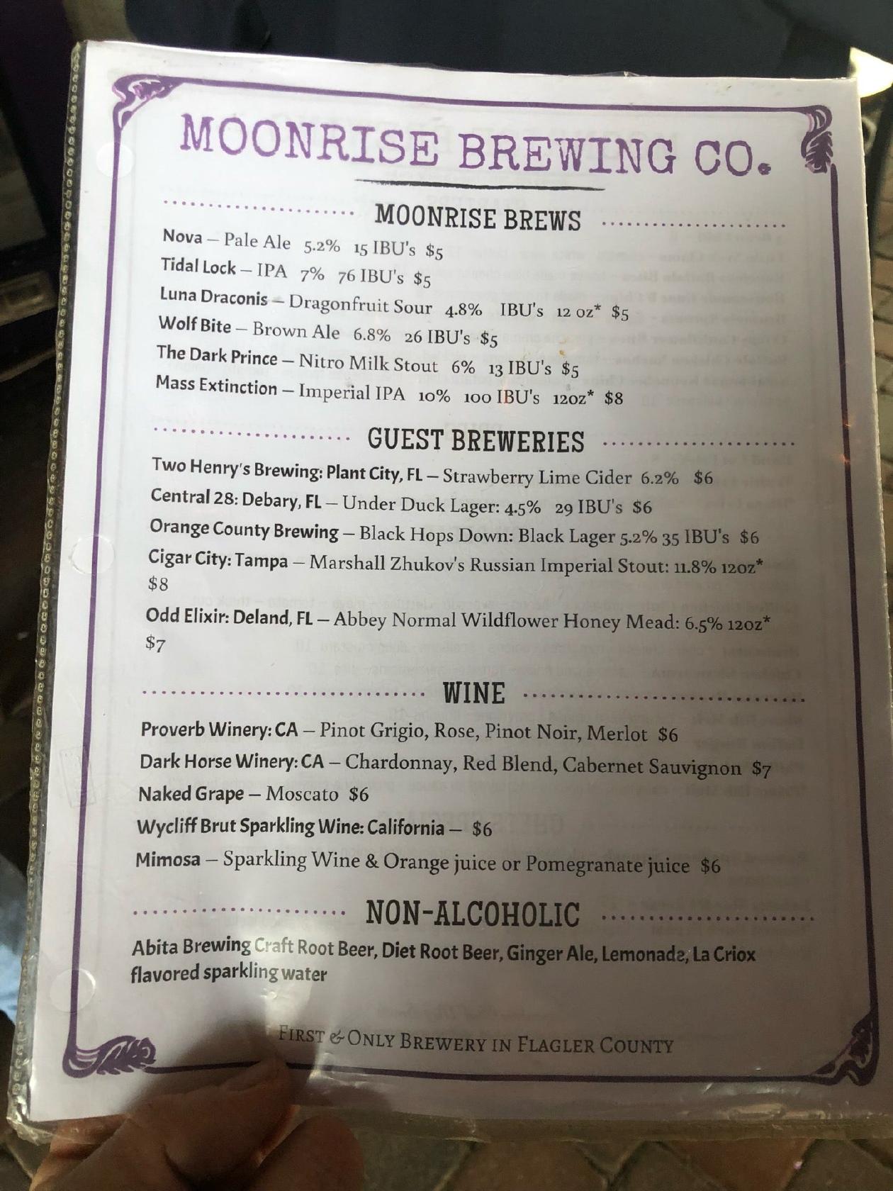 Menu at Moonrise Brewing Company pub & bar, Palm Coast