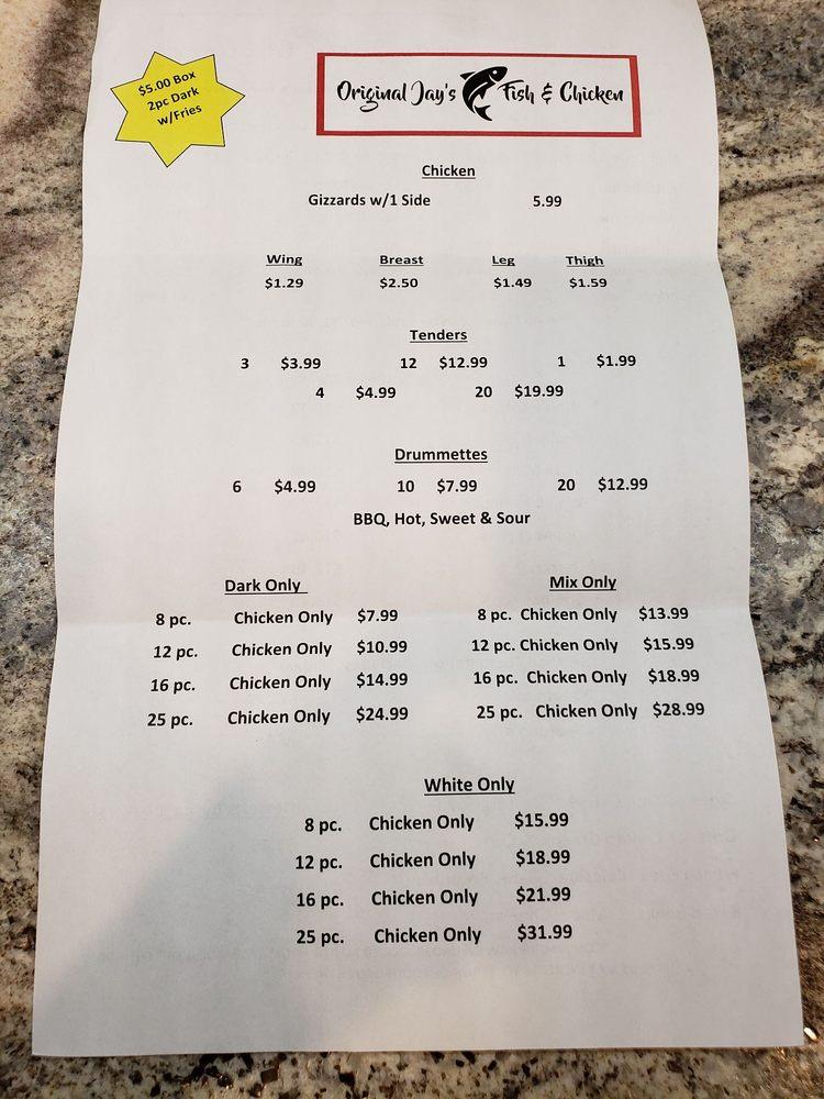 Menu at Original Jay's Fish & Chicken restaurant, Brunswick