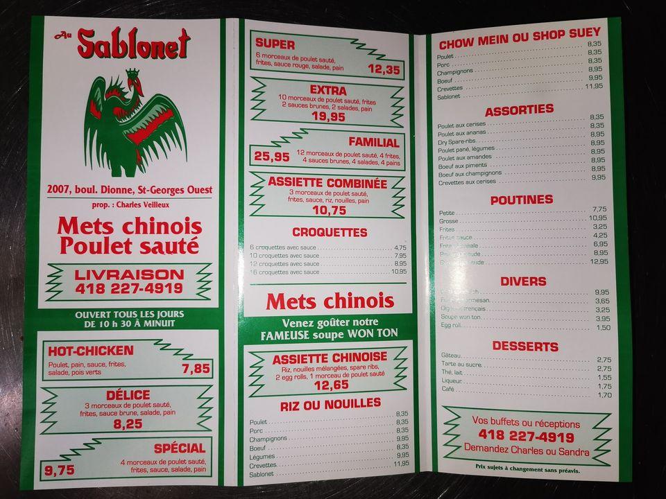 Menu au Restaurant Le Sablonet, Saint-Georges