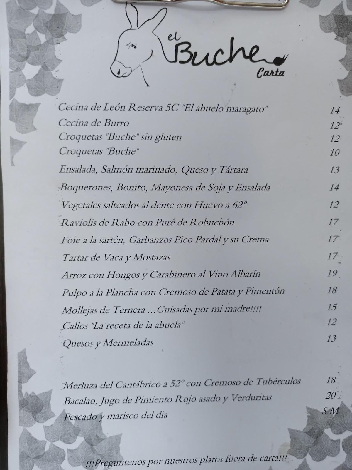 Carta de Restaurante El Buche, León, Avenida República Argentina nº 1