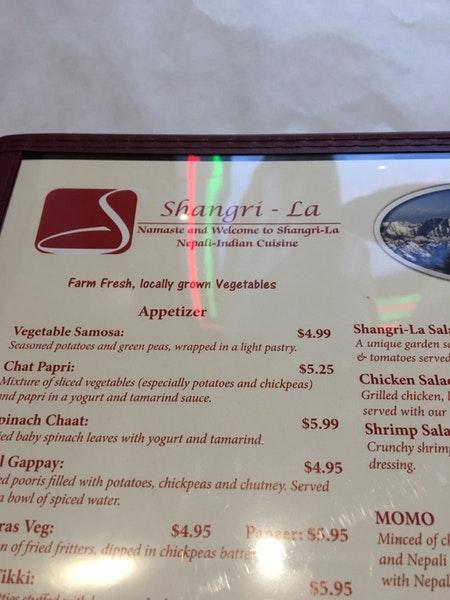 Menu at Shangri-la restaurant, Bethesda