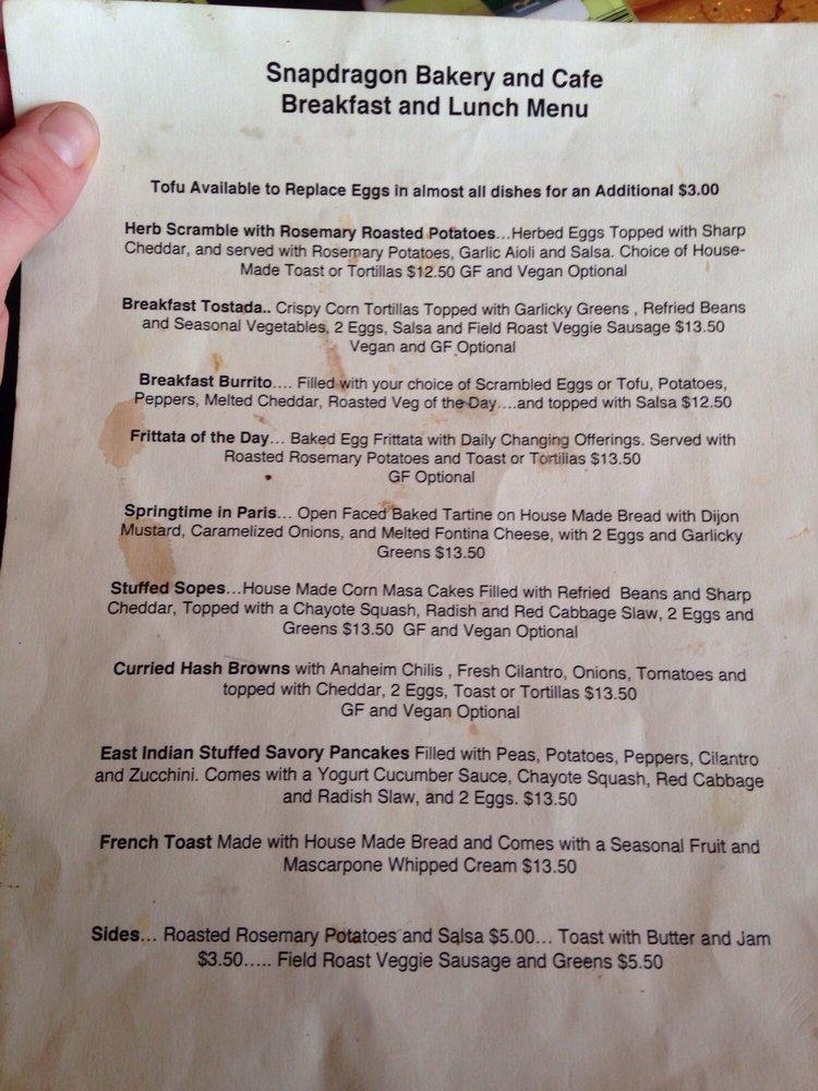 Menu at Snapdragon pizzeria, Vashon