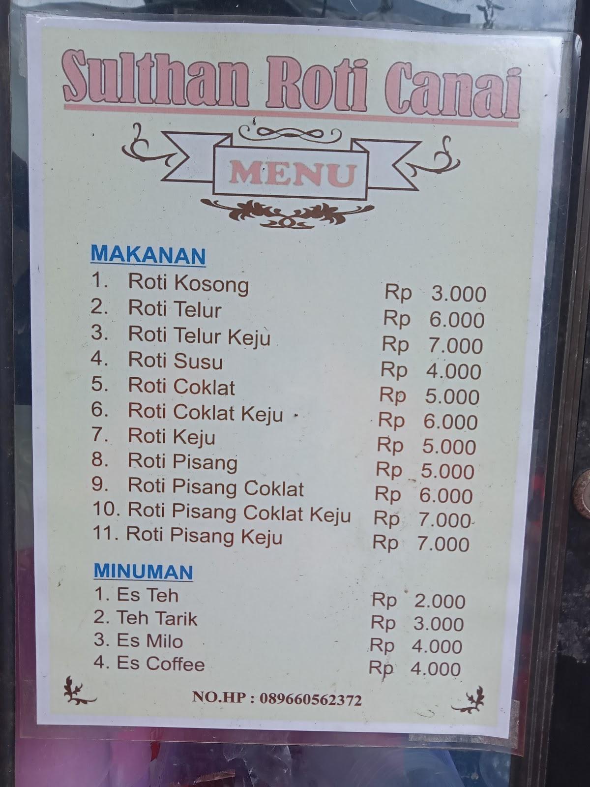 Carta del restaurante Sulthan Roti Canai, Lumajang