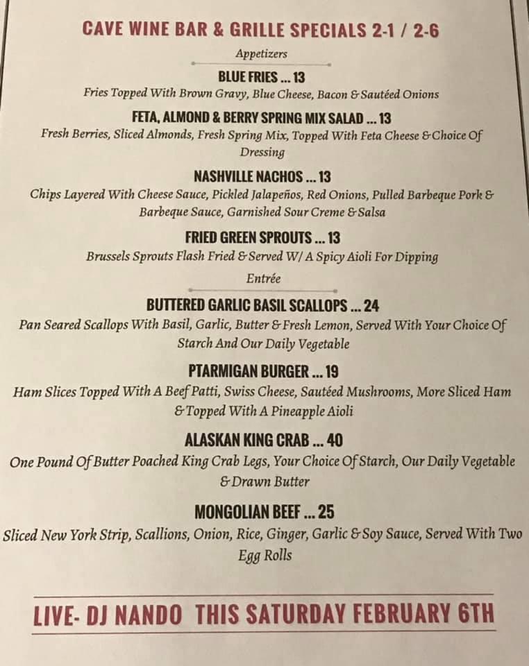 Menu at The Cave steakhouse, Delta Junction