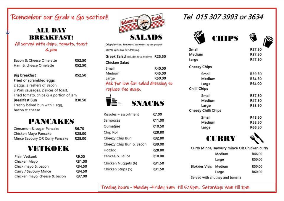 Menu at Adam's Cafe & Takeaways, Tzaneen