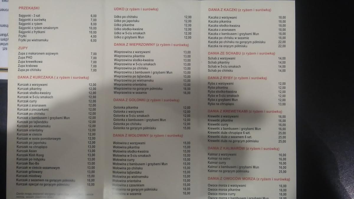 Menu at Bar Asian, Turek