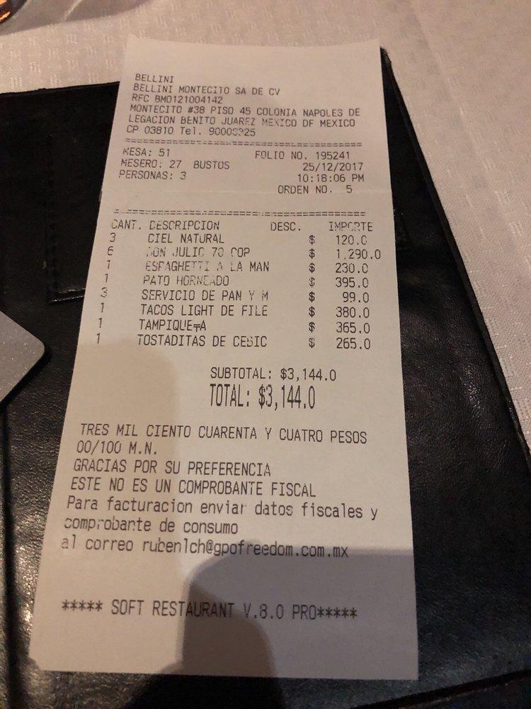 Carta de Bellini Restaurante Giratorio, Ciudad de México, Montecito 38 ...