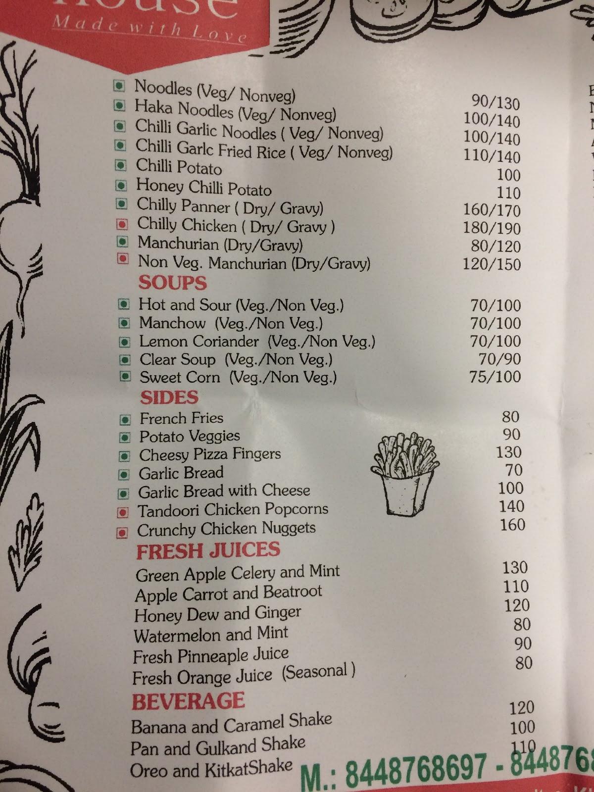 Menu at Chef House, New Delhi