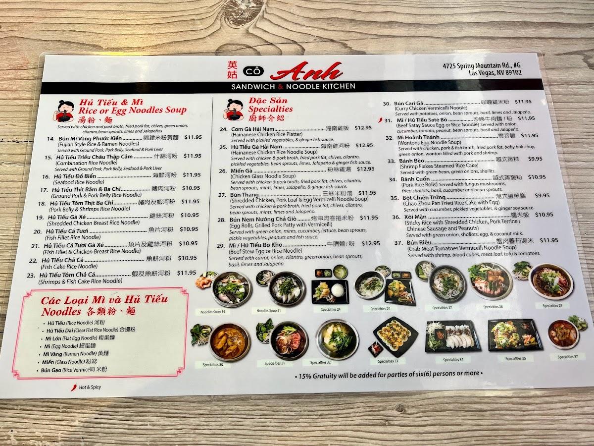 Menu at Cô Anh Sandwich & Noodle Kitchen restaurant, Las Vegas, Spring ...