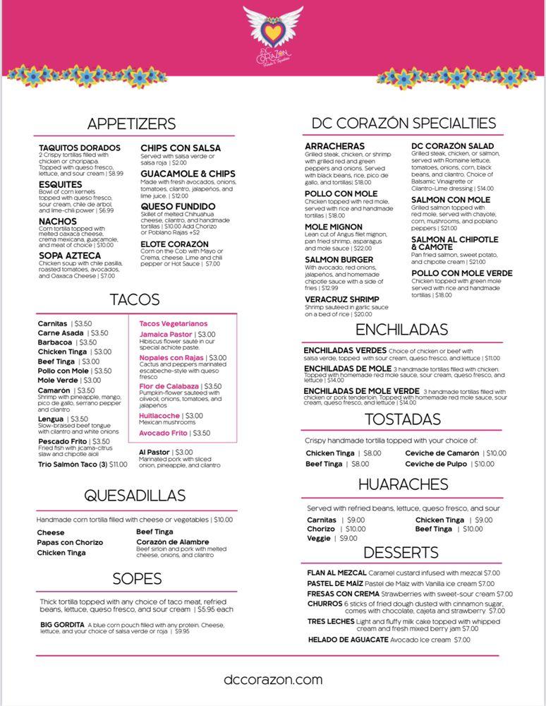 Menu at DC Corazon pub & bar, Washington