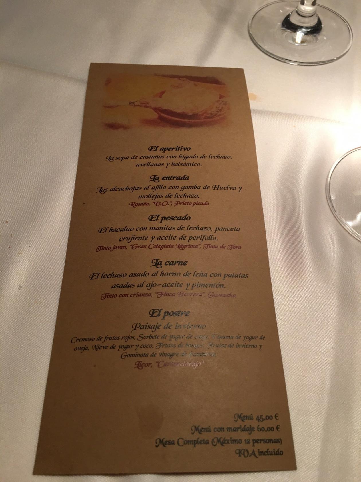 Menu at El Ermitaño Restaurante, Benavente, Arrabal Huerta de los Salados