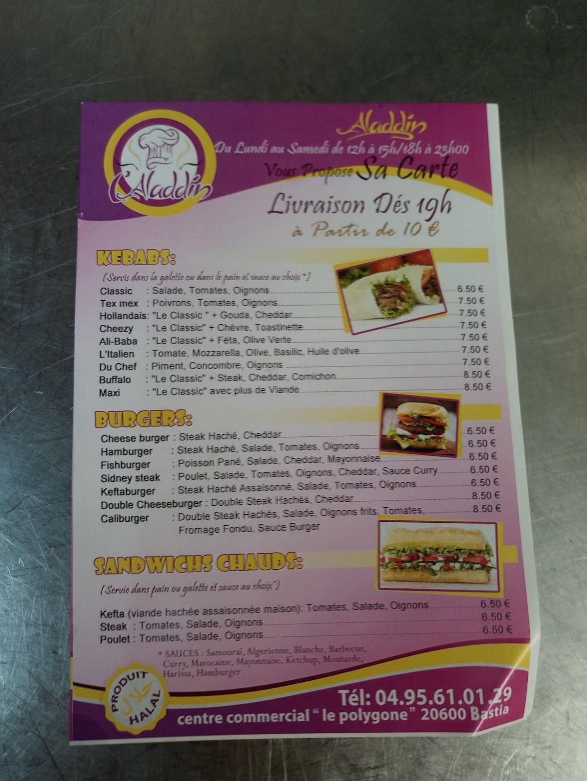 Menu au Snack Aladdin restaurant, Bastia