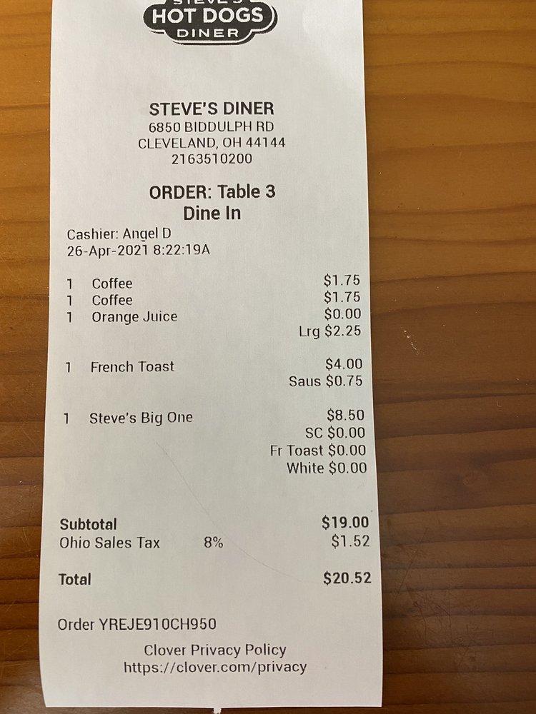 Menu at Steve's Diner restaurant, Brooklyn, Biddulph Rd