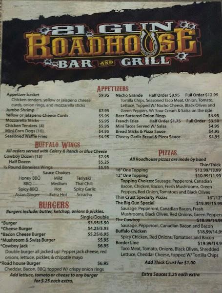 Menu at 21 Gun Roadhouse pub & bar, Green Bay