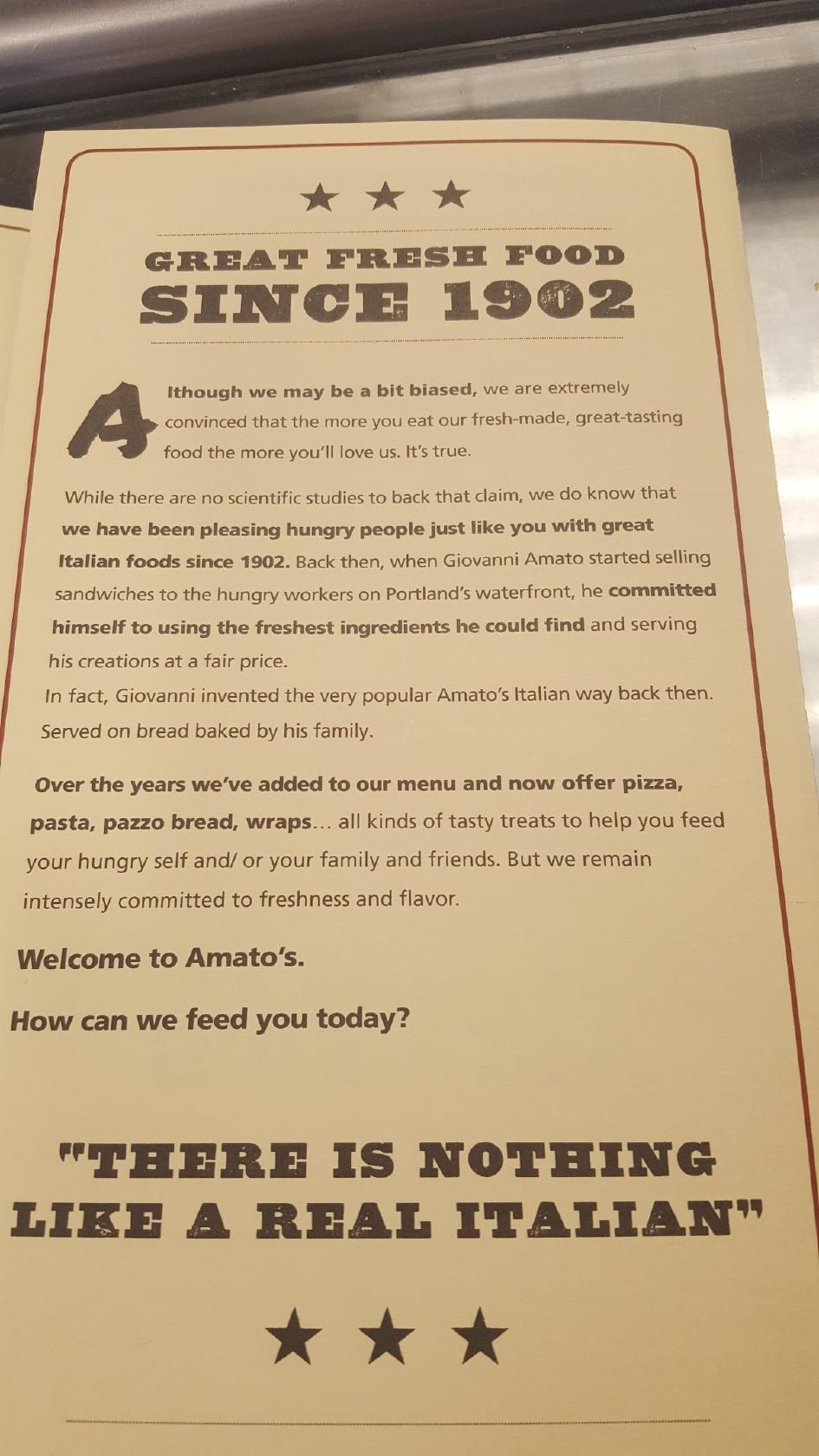 Menu at Amato's Xpress restaurant, Stowe