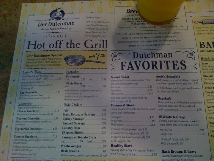Menu at Der Dutchman restaurant, Plain City