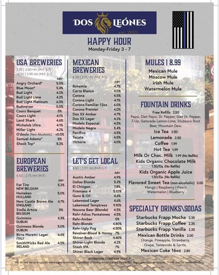 Menu at Dos Leones restaurant, Graham, TX-16