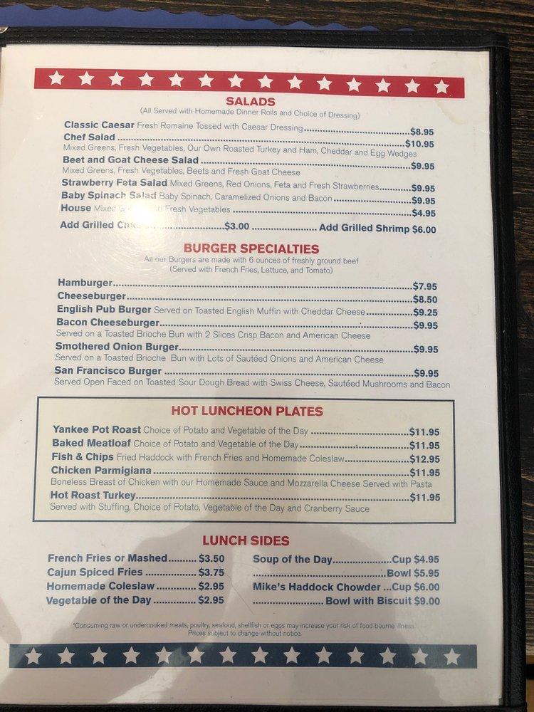 Menu at Mike's American Diner restaurant, Arundel