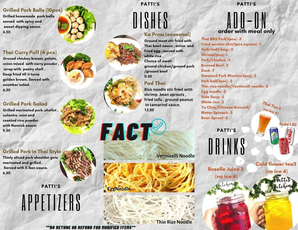 Menu at Patti's Kitchen Thai Street Noodles restaurant, Pinellas Park