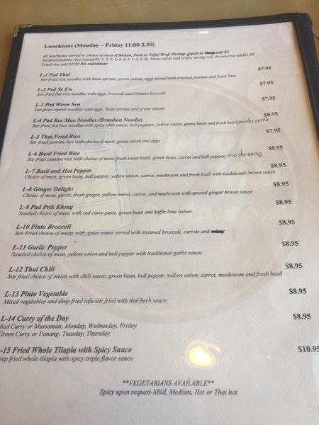 Menu at Pinto Thai Restaurant, Houston, Dairy Ashford Rd