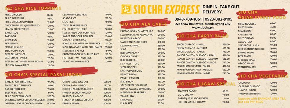 Menu at Sio Cha Express Shaw restaurant, Mandaluyong