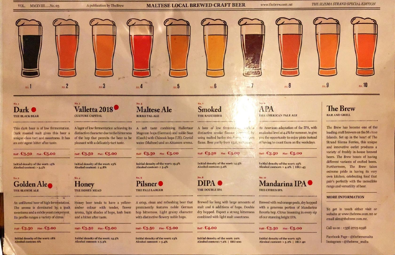 Menu at The Brew Grill & Brewery pub & bar, Sliema