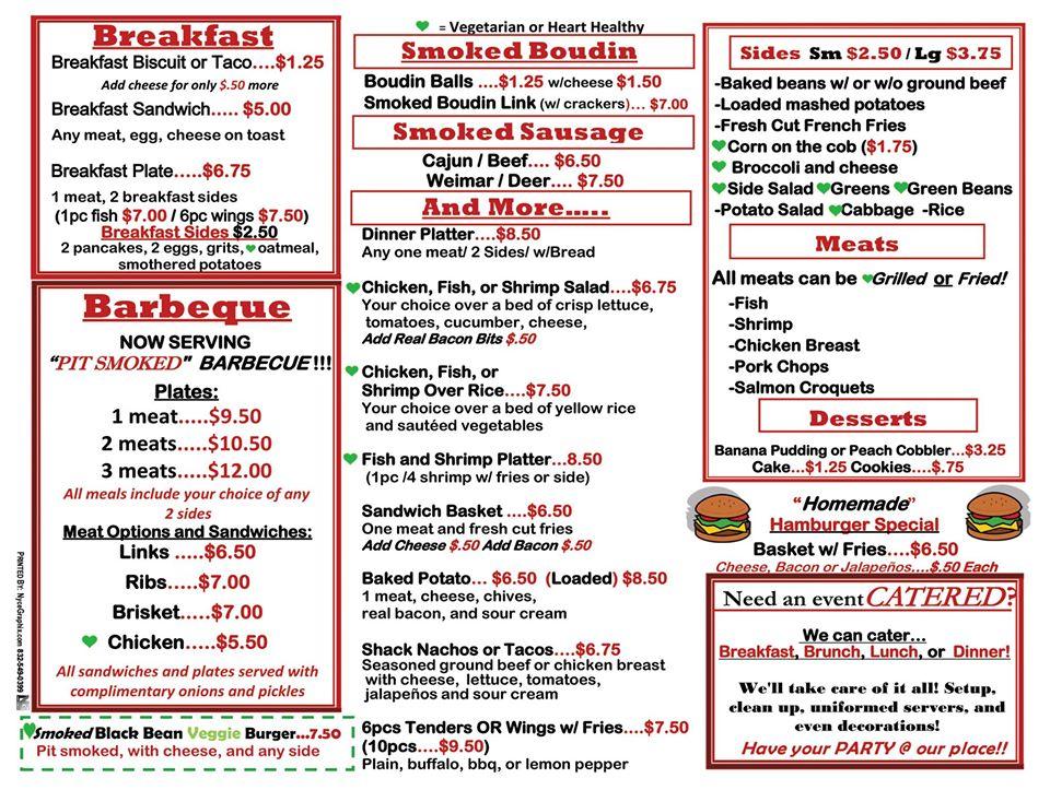 Menu at The Shack BBQ, Houston, Reed Road