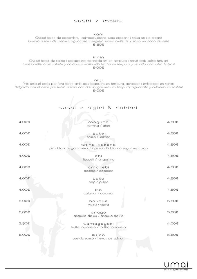 Menu at UMAI restaurant, Girona