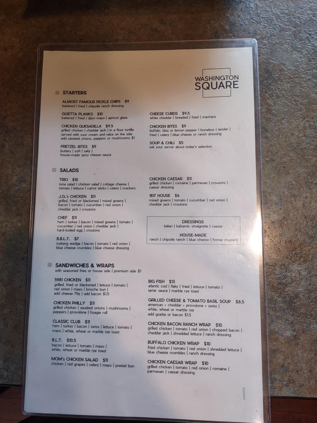 Menu at Washington Square Cafe, Burlington
