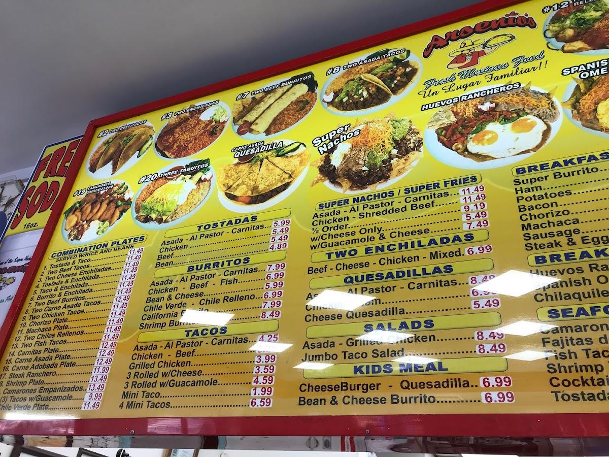 Menu at Arsenio's Mexican Food restaurant, Santa Ana