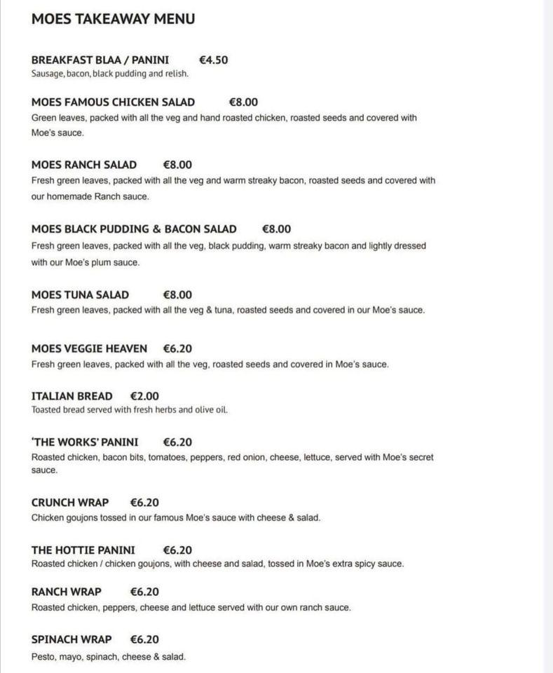 Menu at Moe's Café cafe, Tramore