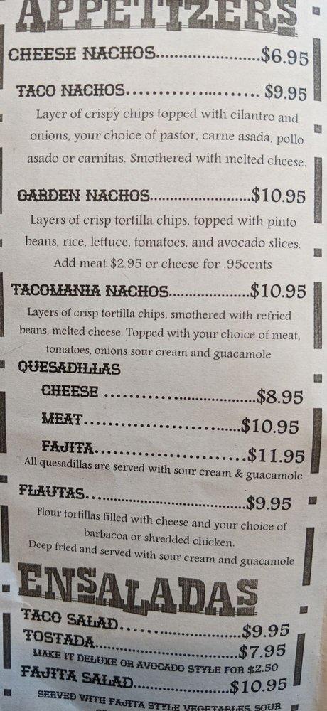 Menu at TACOMANIA STREET TACOS Y MAS restaurant, Merlin