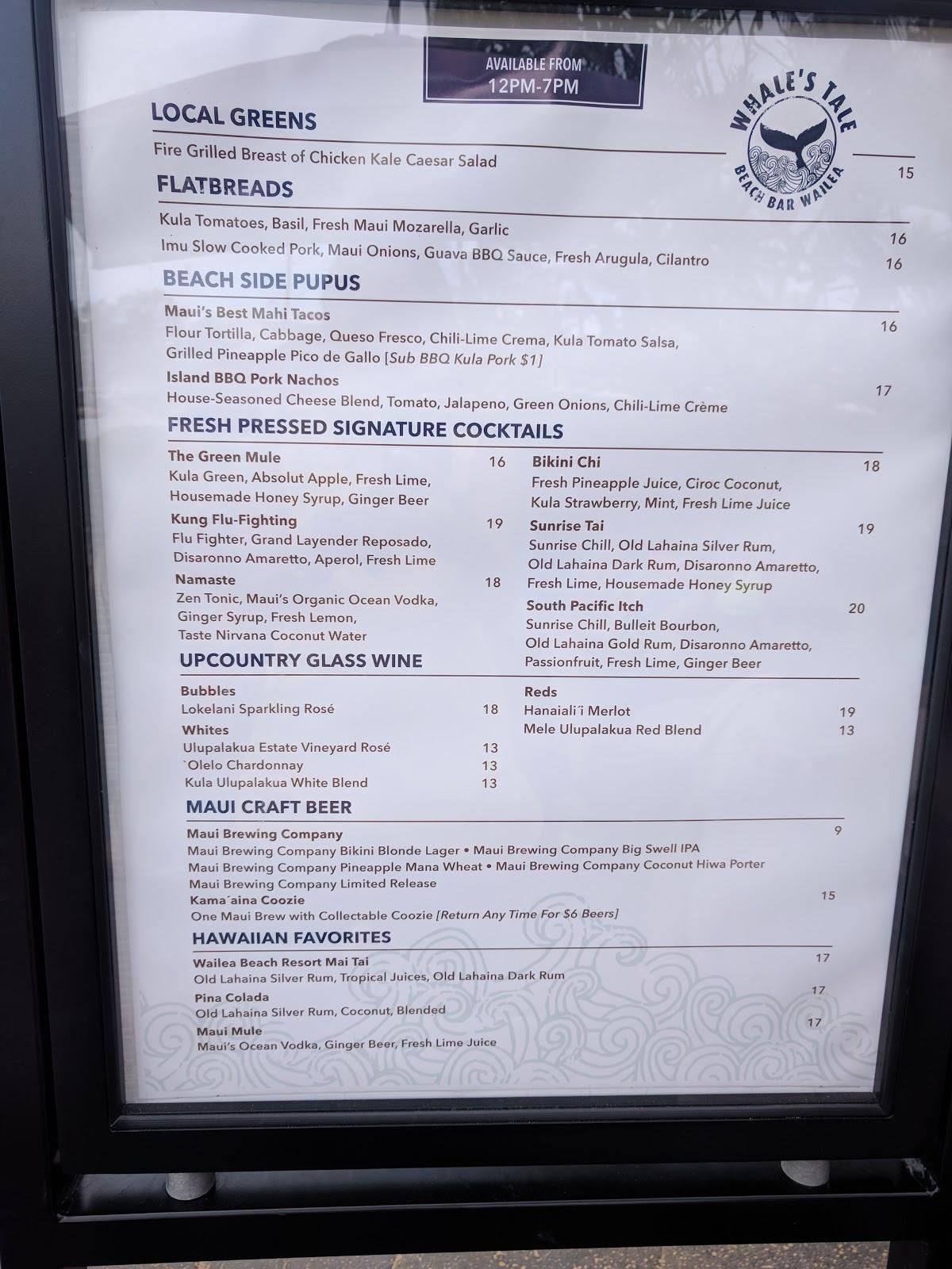 Menu at Whale’s Tale pub & bar, Wailea-Makena