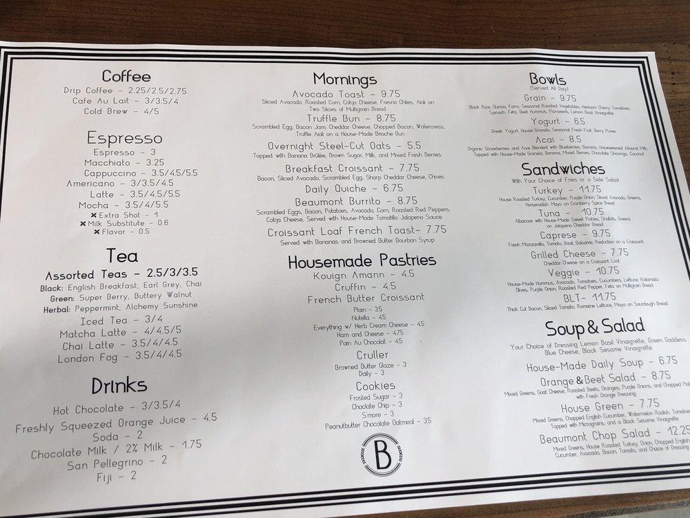 Menu at Beaumont Bakery & Cafe, Salt Lake City