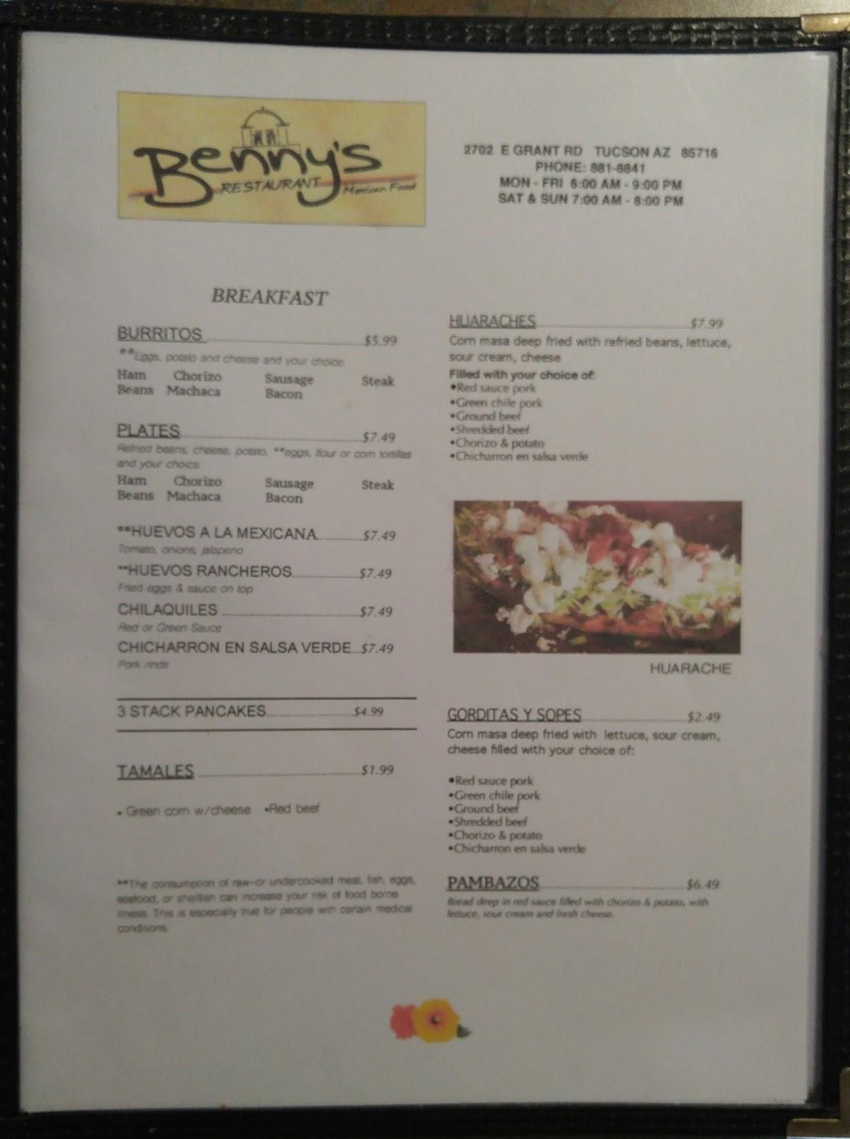 Menu at Benny's Mexican Restaurant, Tucson
