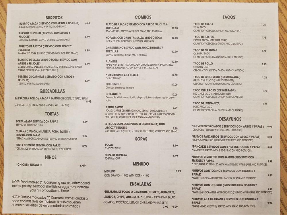 Menu at El Nopalito restaurant, Phoenix