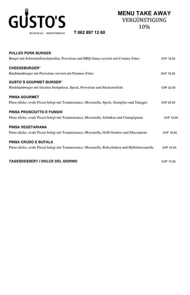 Menu at GUSTO'S, Rupperswil