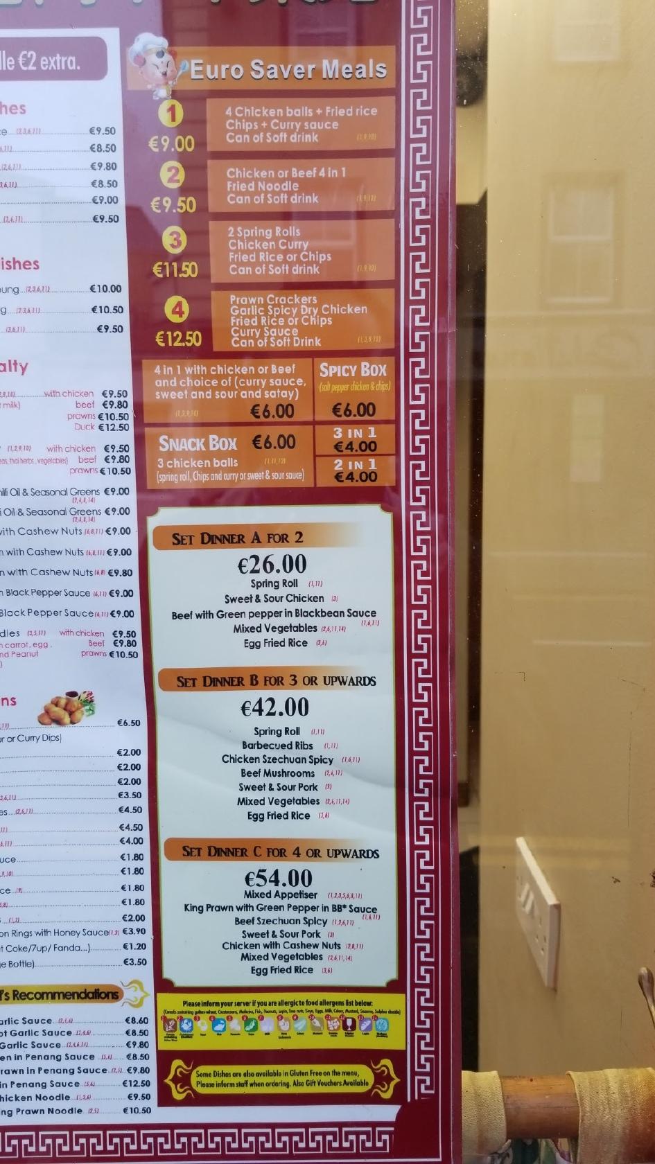Menu at Harmony Chinese restaurant, Killorglin