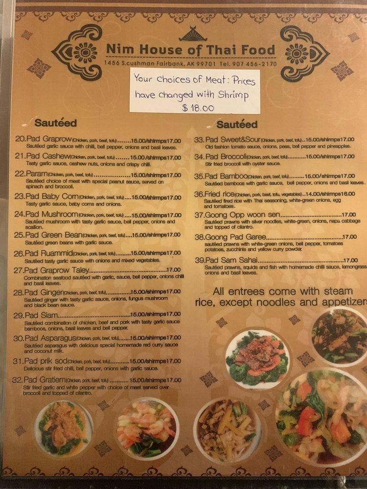 Menu at Nim's House of Thai Food restaurant, Fairbanks