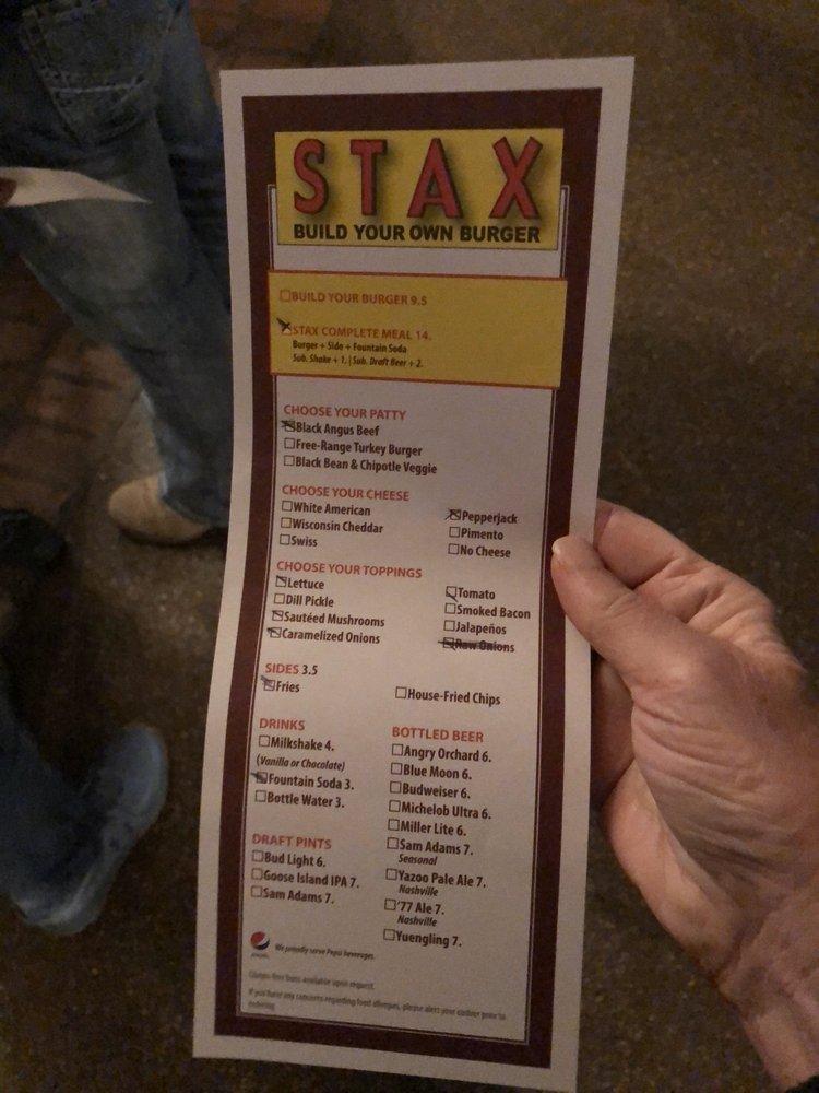 Menu at Stax Burgers restaurant, Nashville